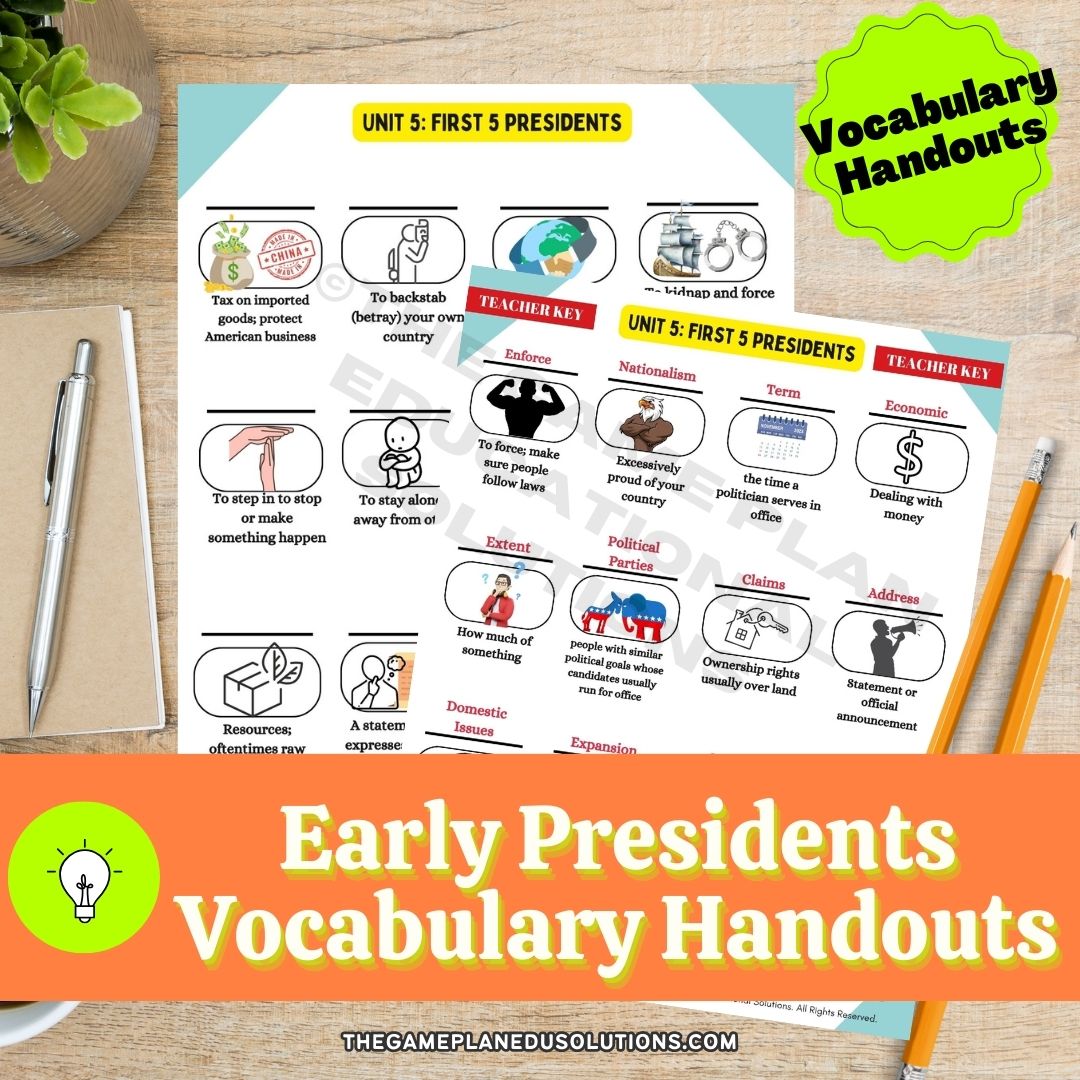 Early Presidents Vocabulary Handouts – The Game Plan Educational Solutions